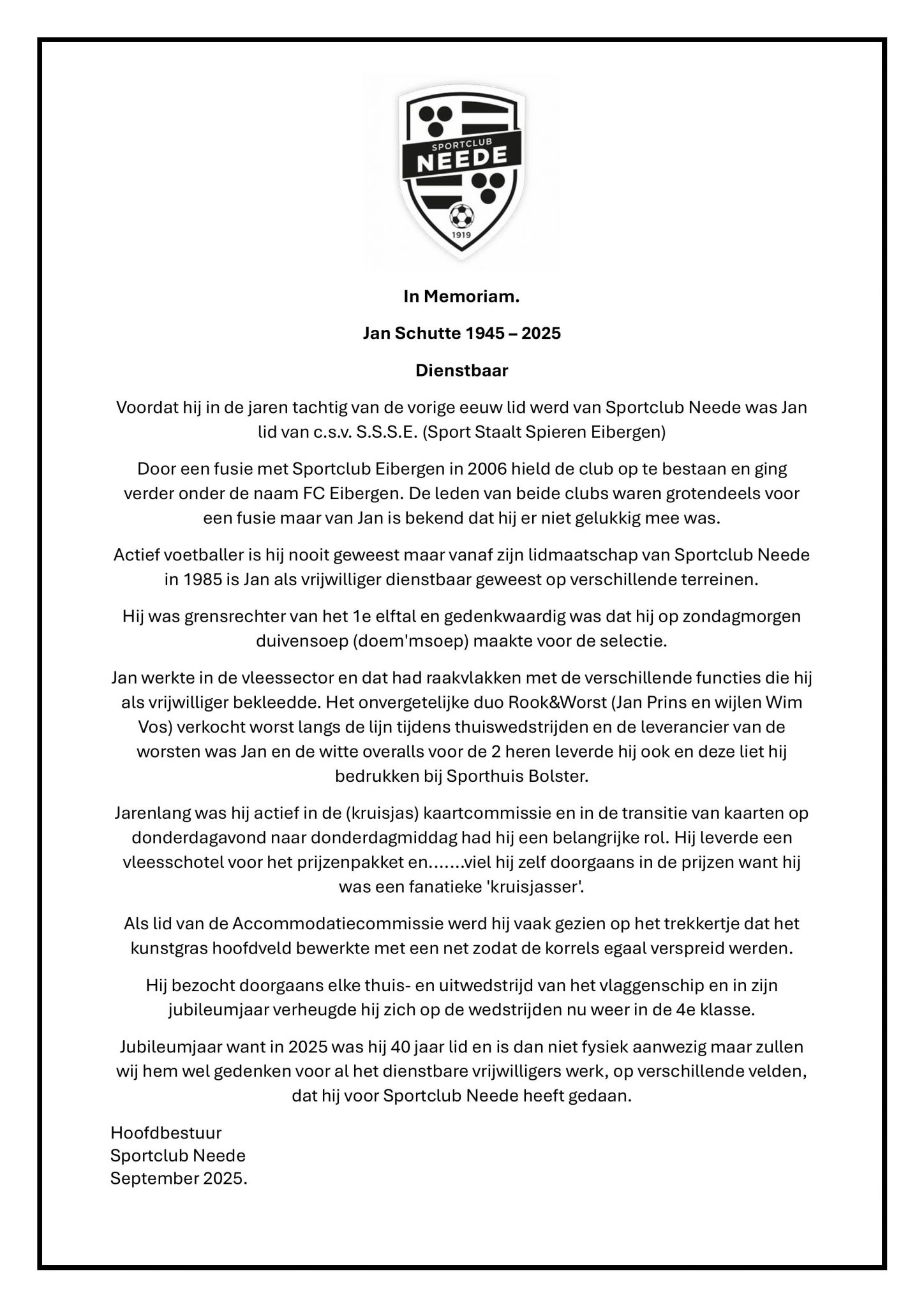 In Memoriam Jan Schutte | Sportclub Neede